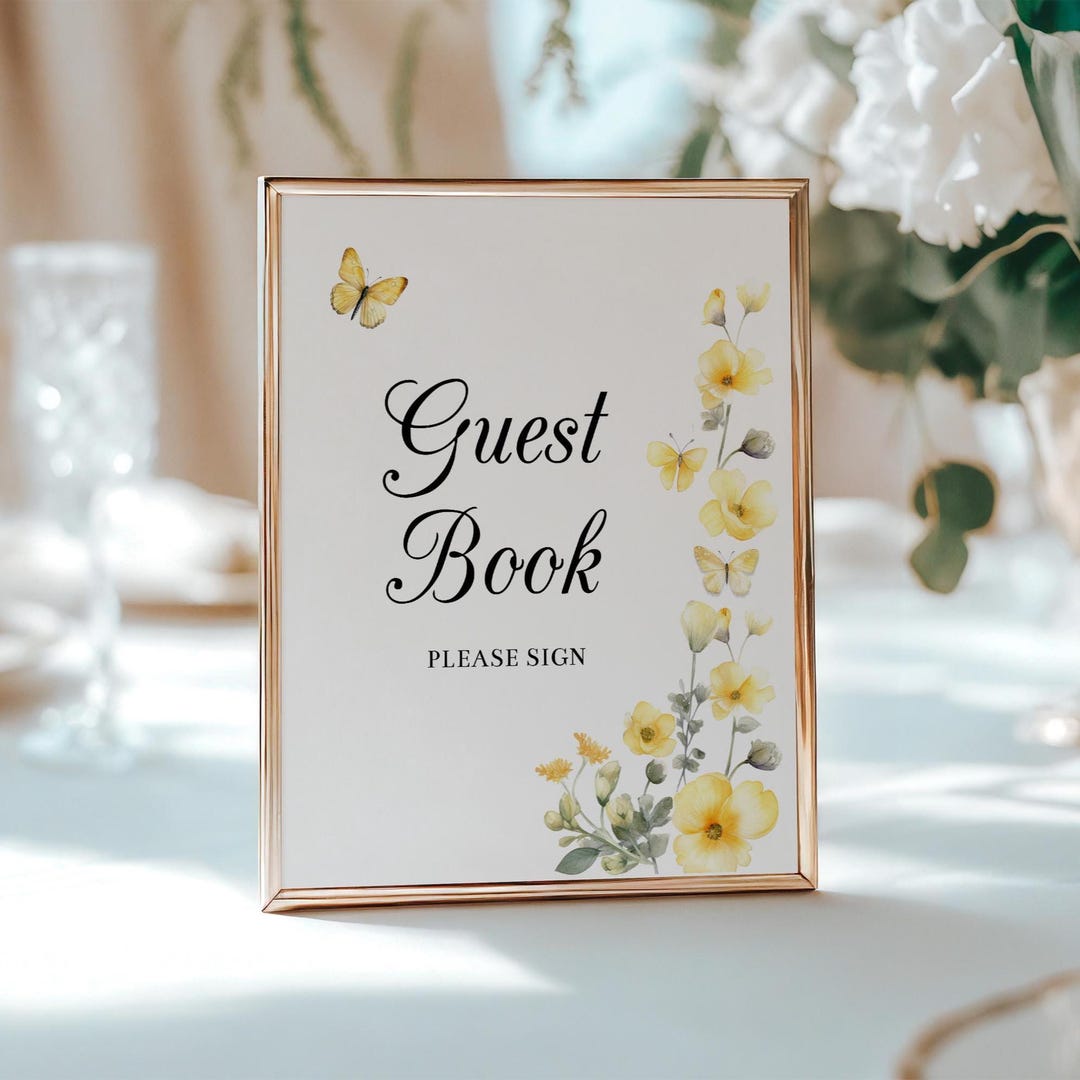 Yellow Guest Book Party Sign, Yellow Floral Bridal, Baby Shower Table ...