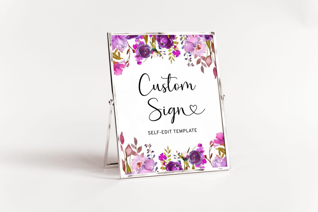 Purple Floral Custom Shower Table Sign Template, Self-edit, Corjl - Etsy