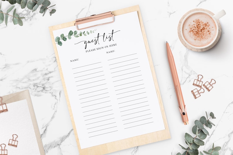 Eucalyptus Guest List Sign-in Sheet Template, Self-edit, Corjl - Etsy