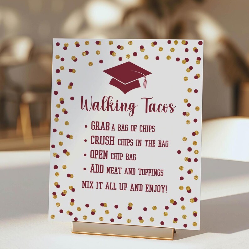 Walking Tacos Graduation Party Sign, Burgundy & Gold Glitter Confetti ...