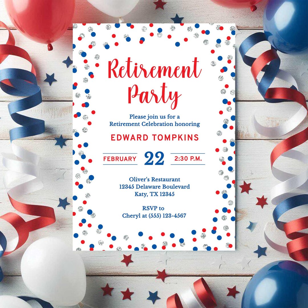 Patriotic Retirement Party Invitation: Red, Blue, Silver Glitter (self ...
