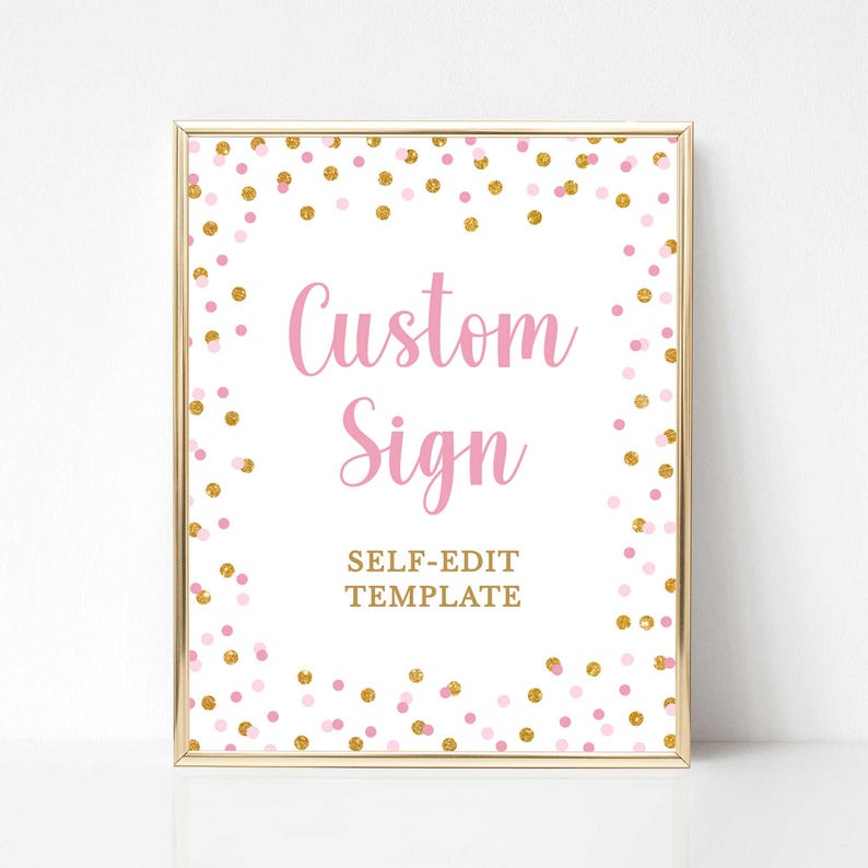 Pink Custom Table Sign Template, Pink & Gold Glitter Confetti Shower ...