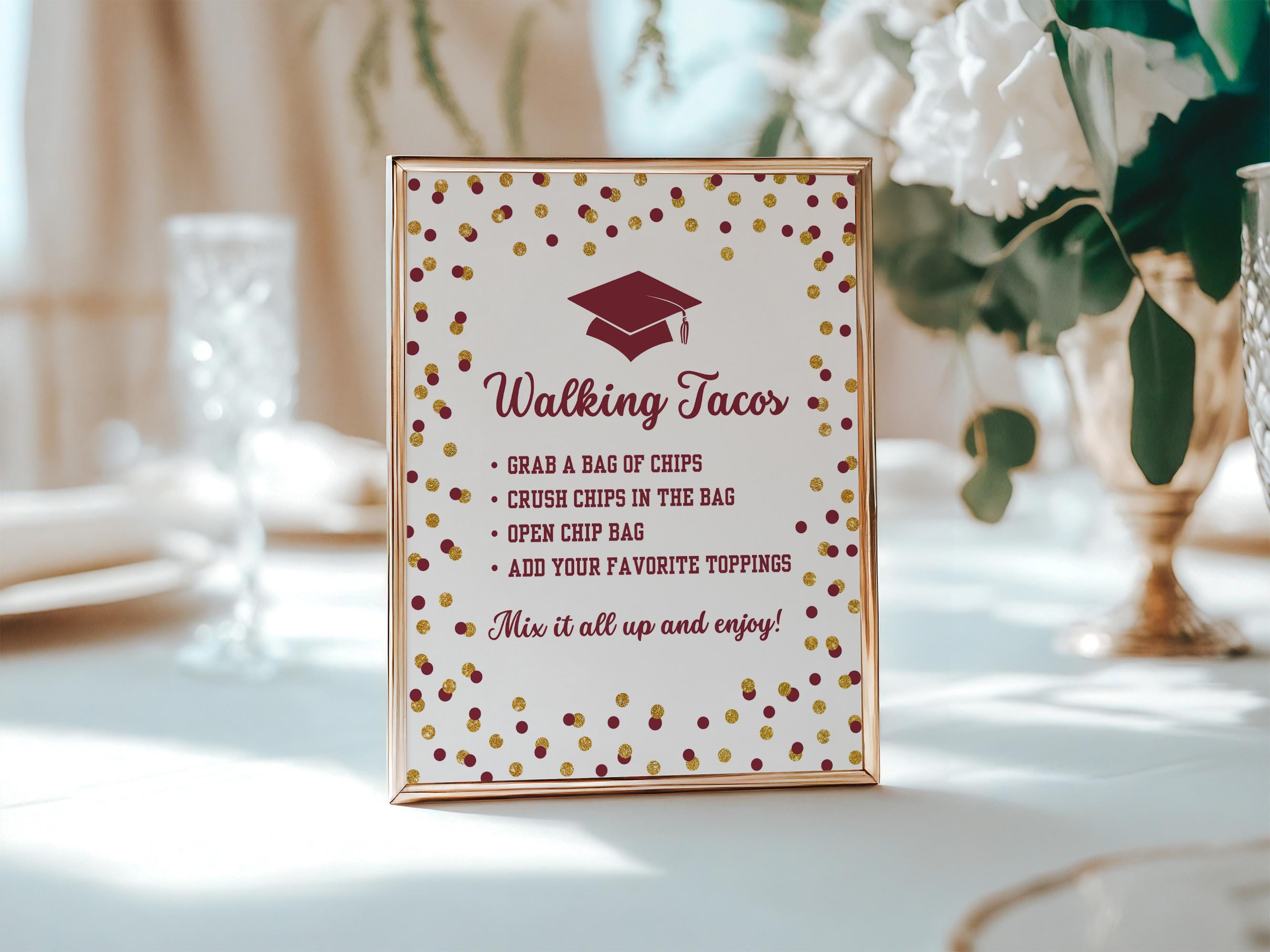 Walking Tacos Graduation Party Sign, Burgundy & Gold, Digital Download ...