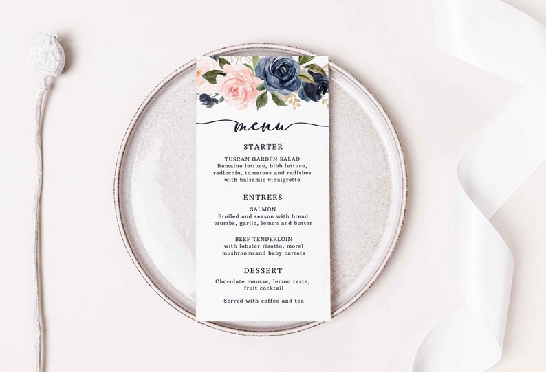 Navy & Blush Food Menu Card Template, Navy and Blush Floral Wedding ...