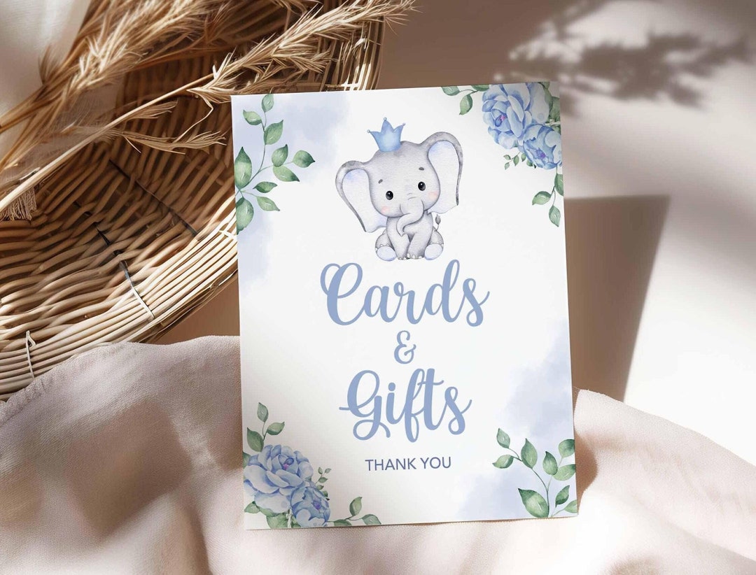 Elephant Cards & Gifts Party Table Sign, Gift Table Blue Elephant ...