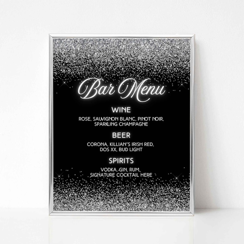 Black & Silver Glitter Bar Menu Sign Template, 5x7 and 8x10, Self-edit ...