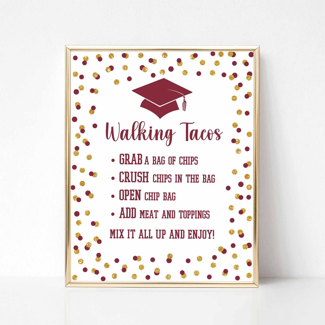 Walking Tacos Graduation Party Sign, Burgundy & Gold Glitter Confetti ...