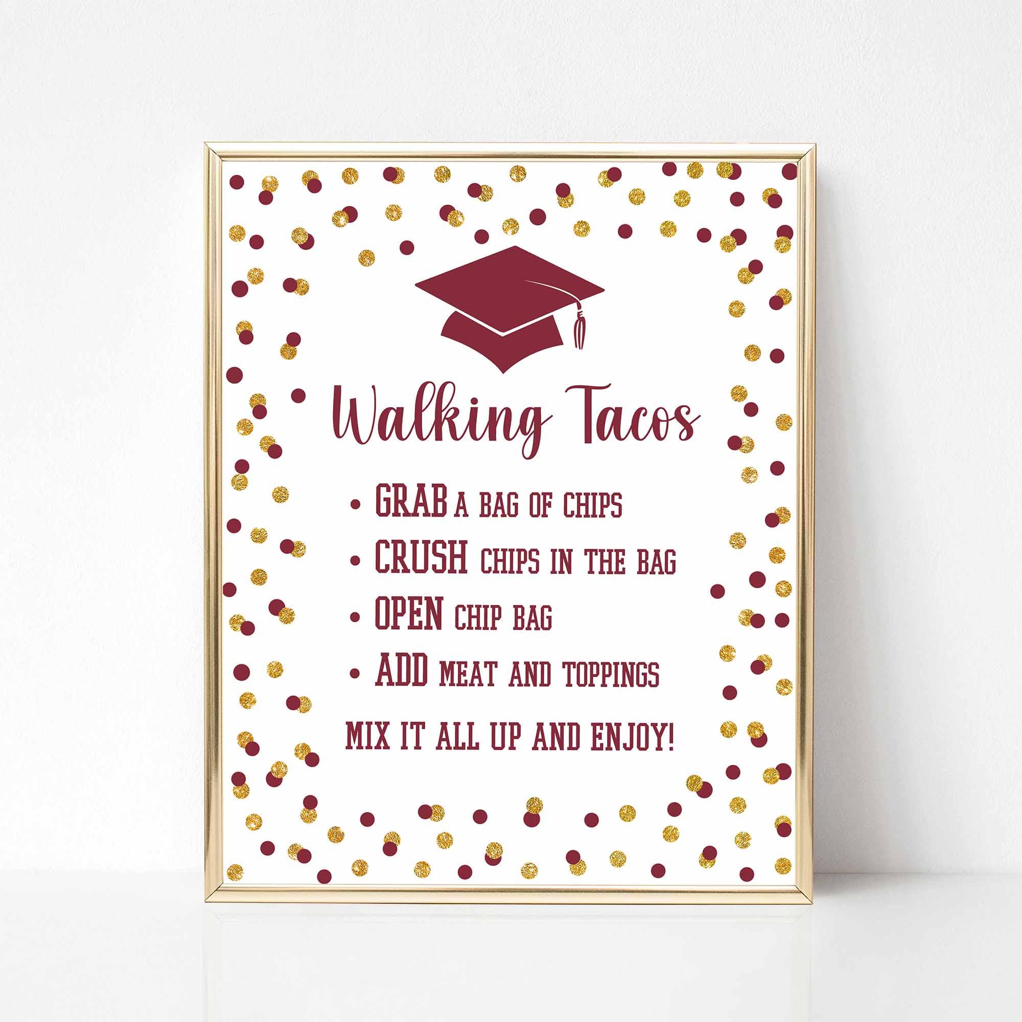 Walking Tacos Graduation Party Sign, Burgundy & Gold Glitter Confetti ...