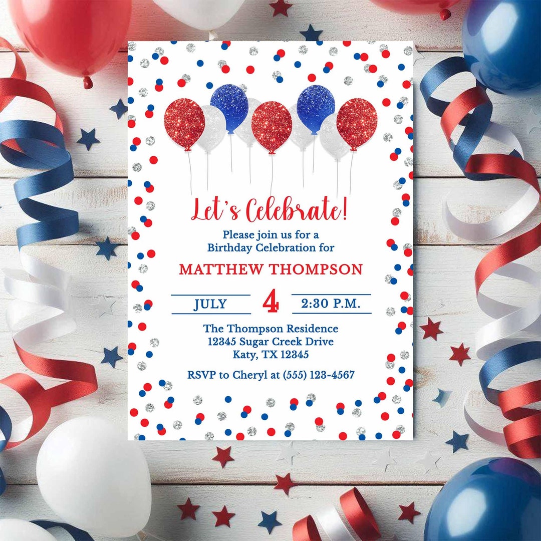 Patriotic Birthday Party Invitation Template, Red, Blue & Silver ...