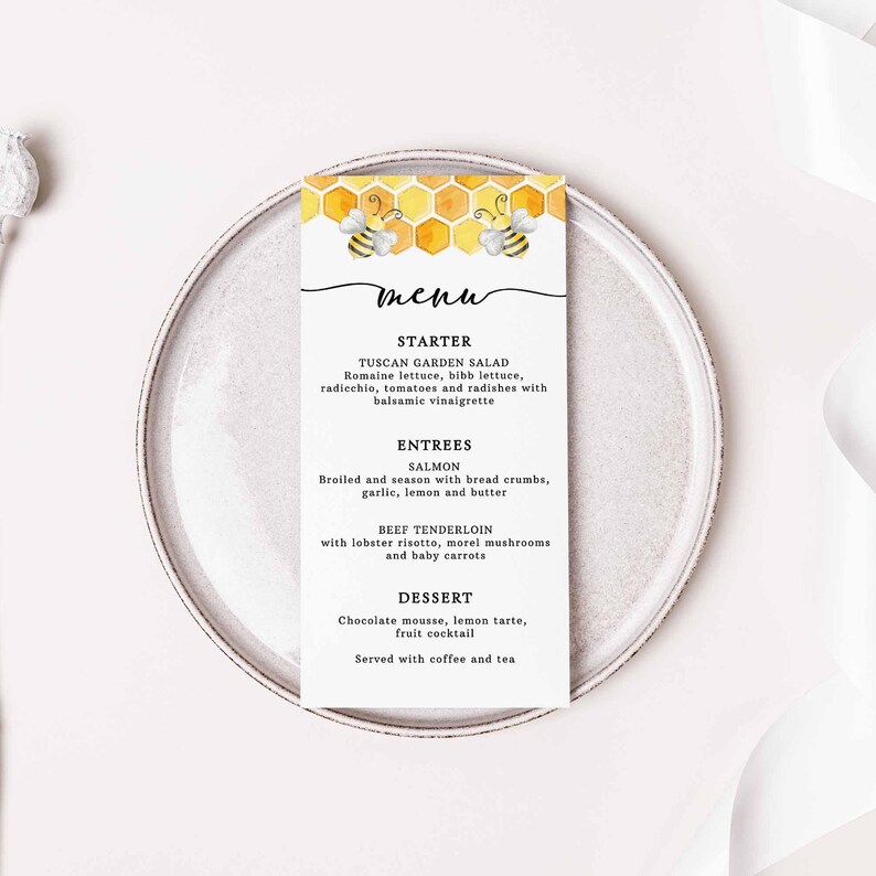 Bee Food Menu Card Template, Honey Bee Wedding Menu, Self Edit, Corjl ...