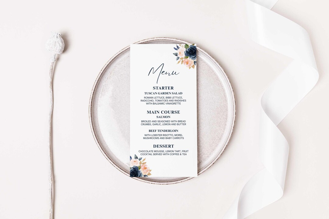 Navy & Blush Floral Wedding Menu Template, 4x8 Inch, Editable Menu ...