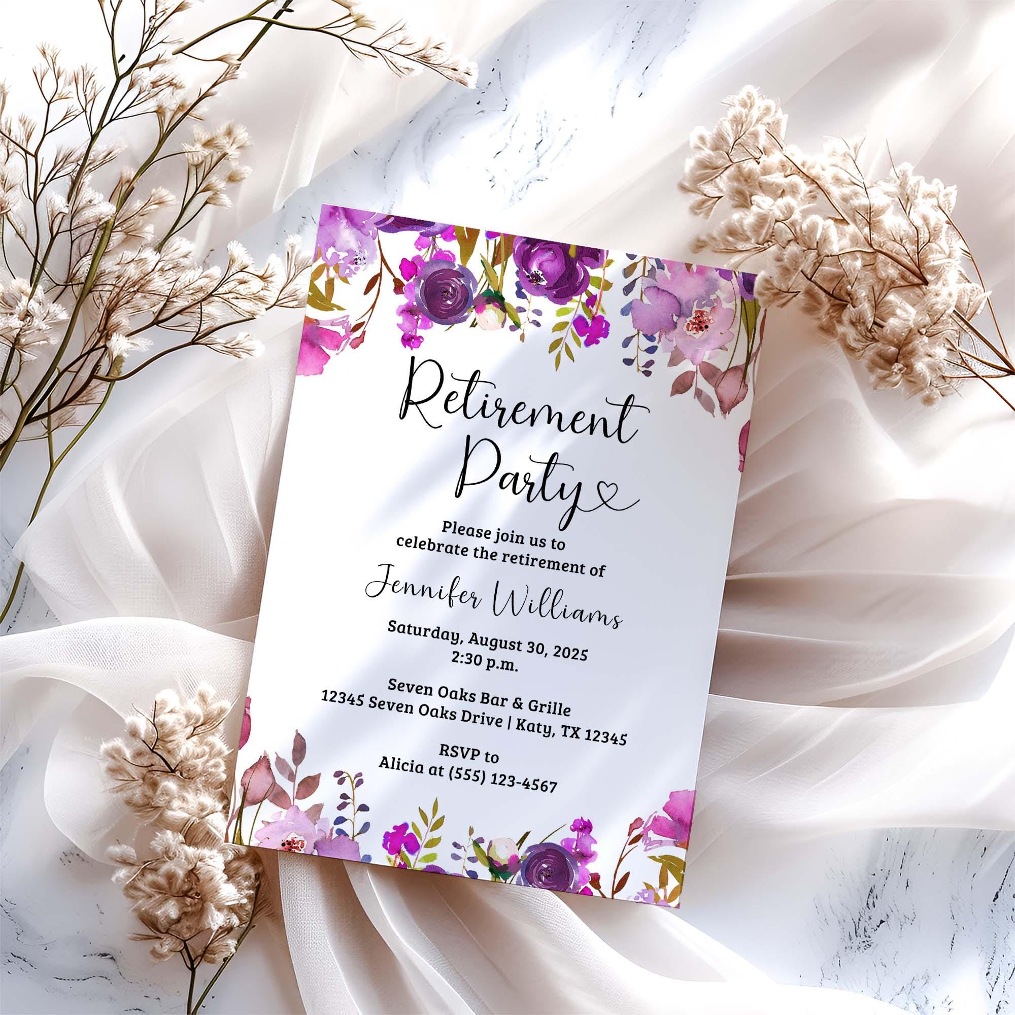 Purple Retirement Party Invitation Template, Floral Retirement ...