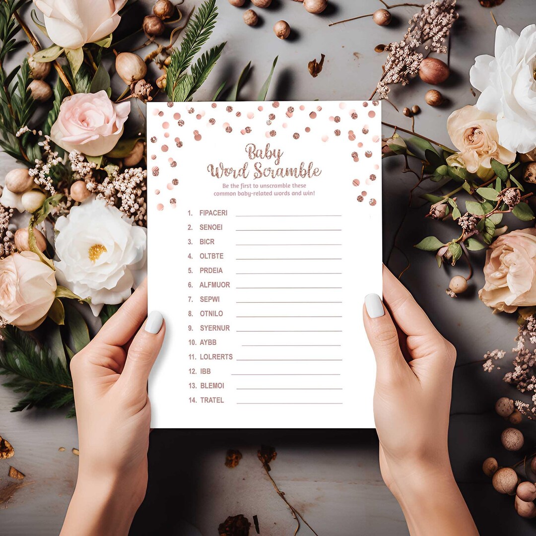 Rose Gold Baby Word Scramble Shower Game, Rose Gold Glitter Shower Game ...