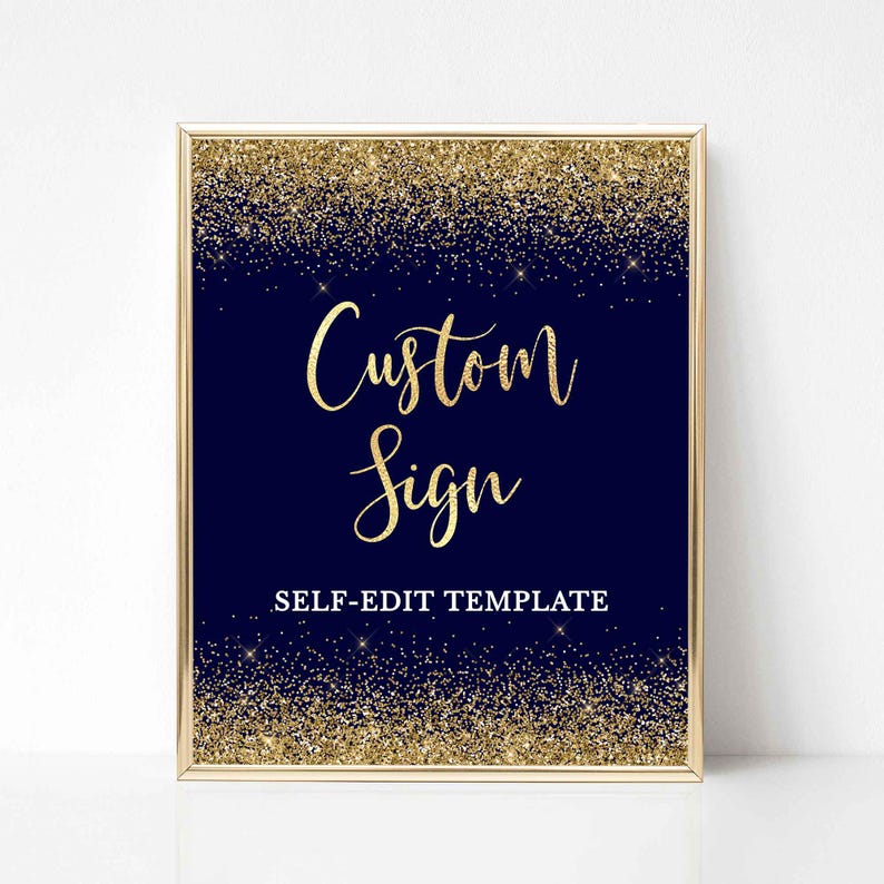 Navy & Gold Custom Table Sign Template, Navy and Gold Glitter Confetti ...