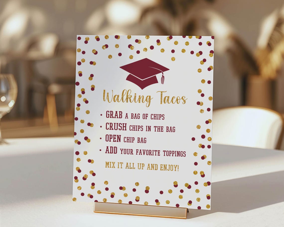 Walking Tacos Graduation Party Sign, Burgundy & Gold Glitter Confetti ...