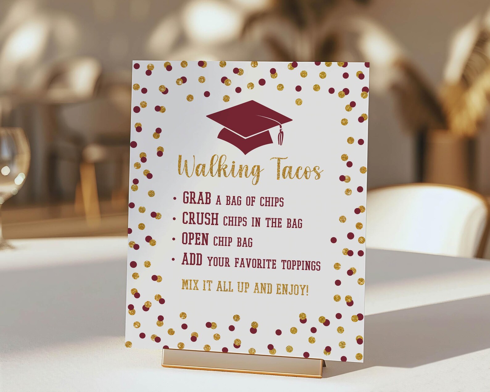 Walking Tacos Graduation Party Sign, Burgundy & Gold Glitter Confetti ...