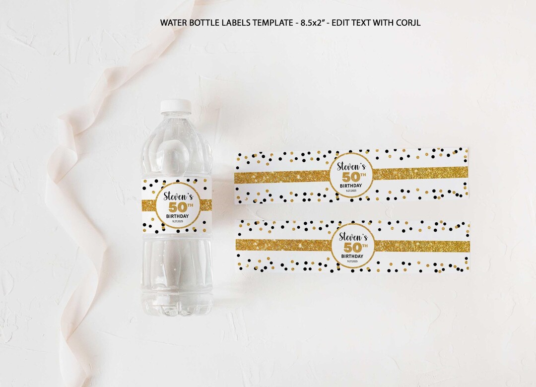 BLACK & Gold Water Bottle Wrapper Template, Black and Gold Glitter ...