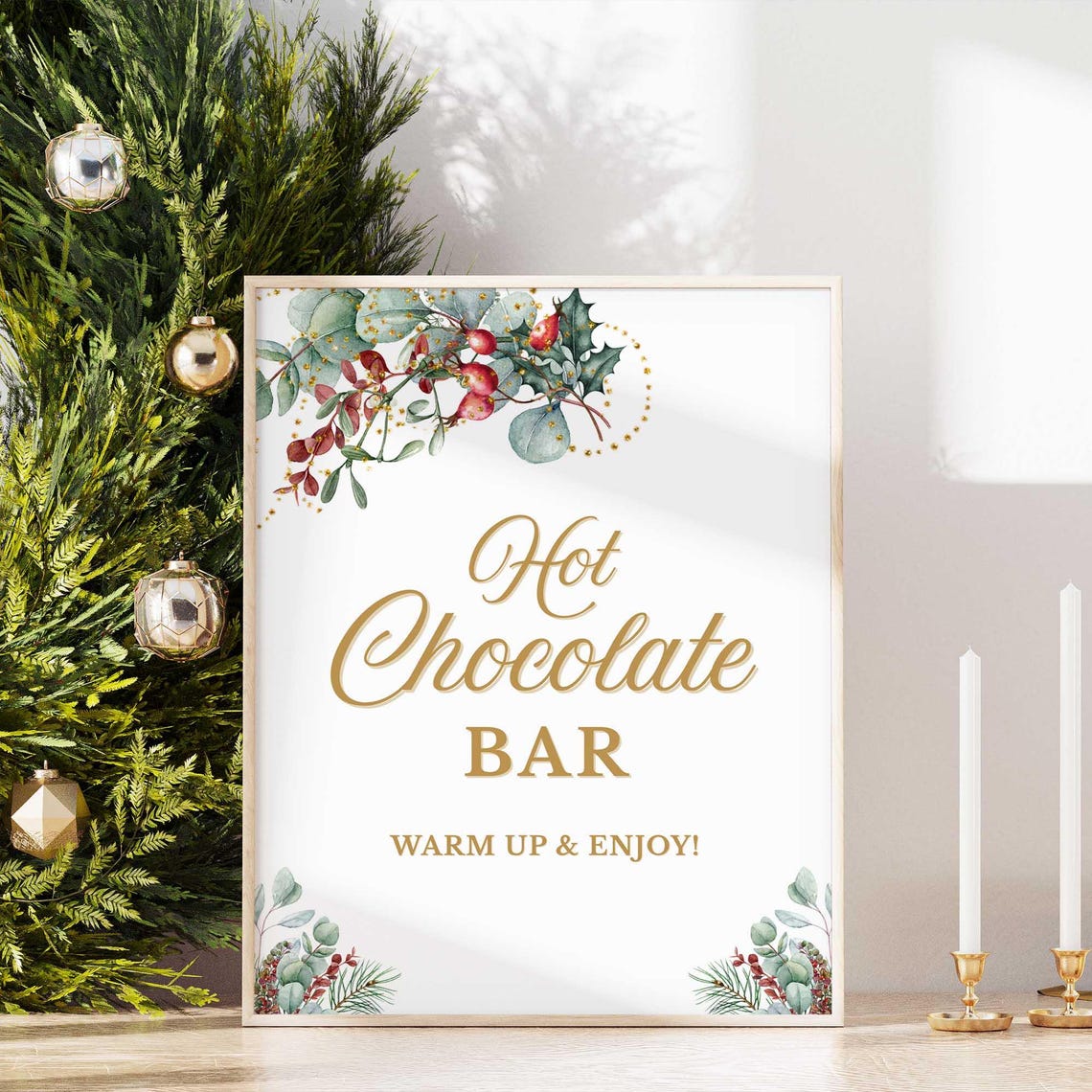Hot Chocolate Bar Sign, Winter Christmas Berries Party Sign, 5x7 & 8x10 ...