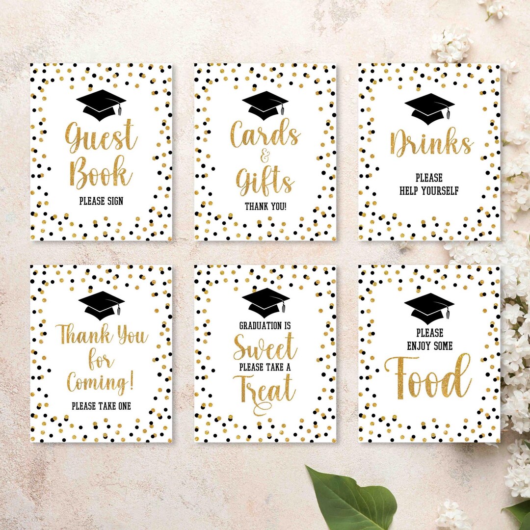 Black & Gold Glitter Graduation Party Signs Bundle Template, Grad Party ...