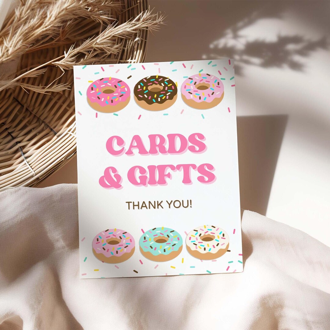 Donut Cards & Gifts Party Table Sign, Pink Donut Sprinkle, Instant ...
