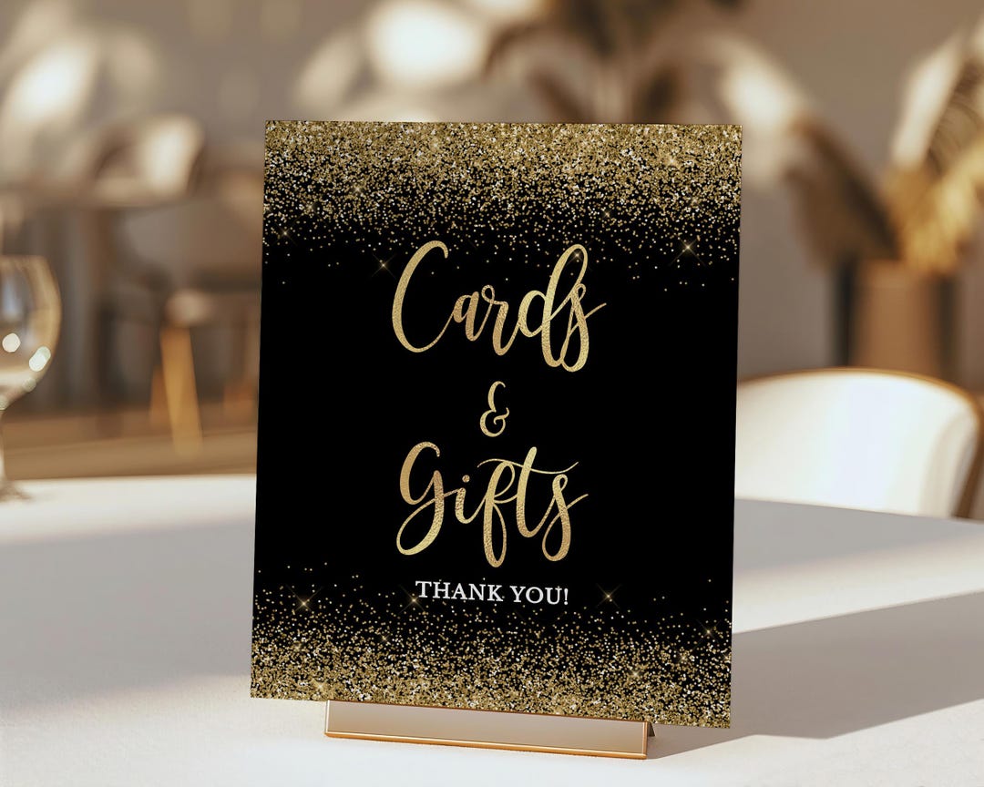 Cards & Gifts Party Table Sign, Black and Gold Glitter Confetti Wedding ...