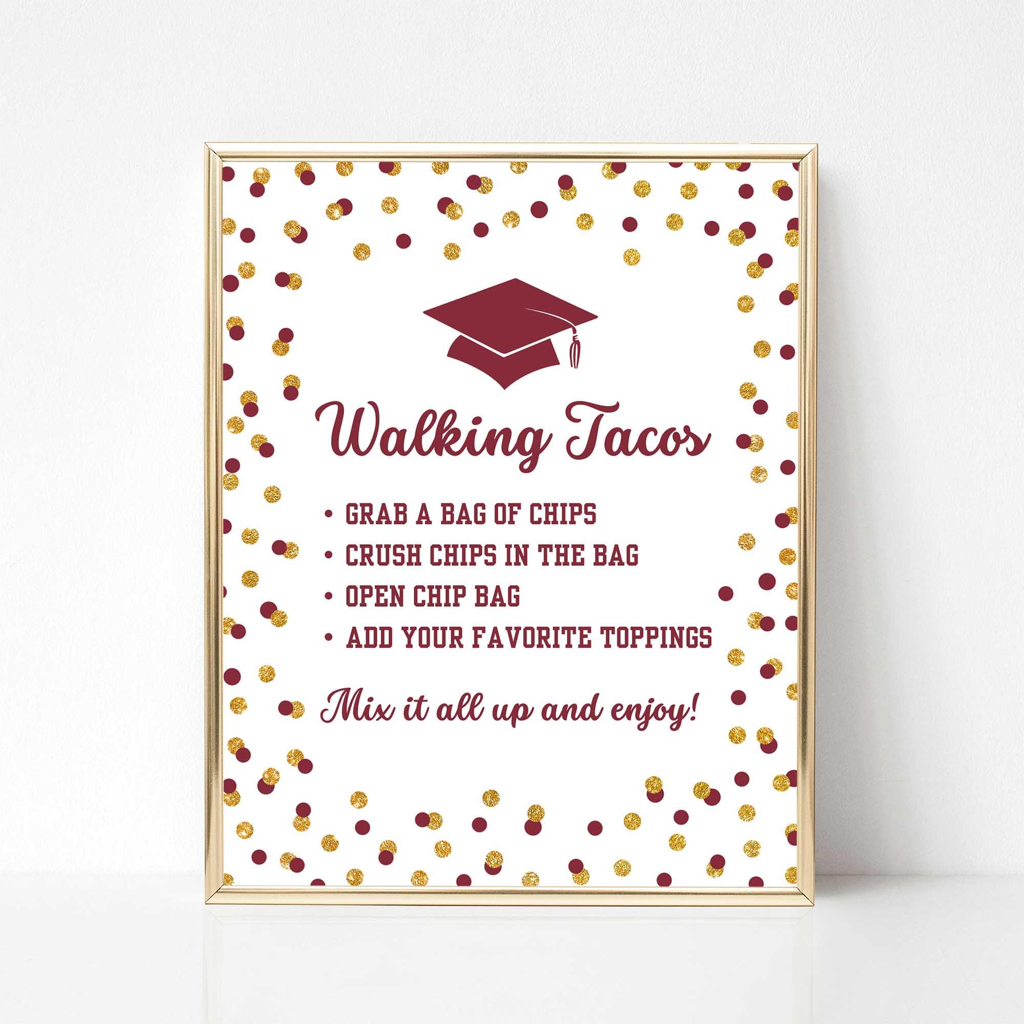 Walking Tacos Graduation Party Sign, Burgundy & Gold, Digital Download ...