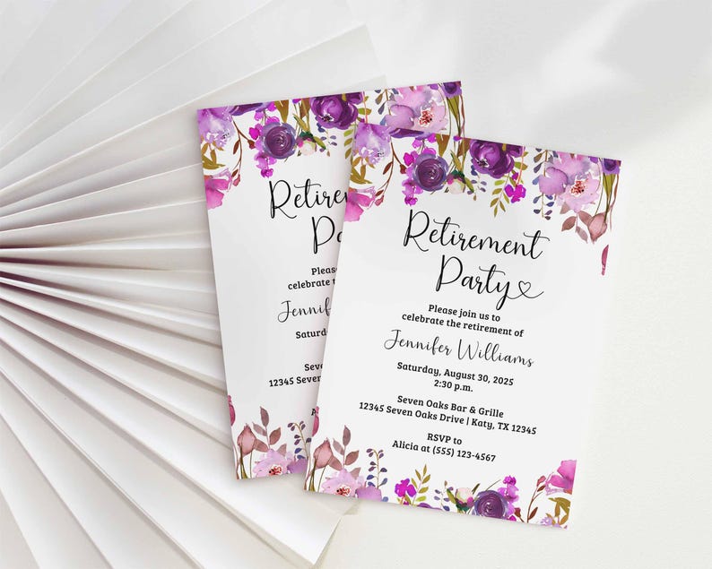Purple Retirement Party Invitation Template, Floral Retirement ...