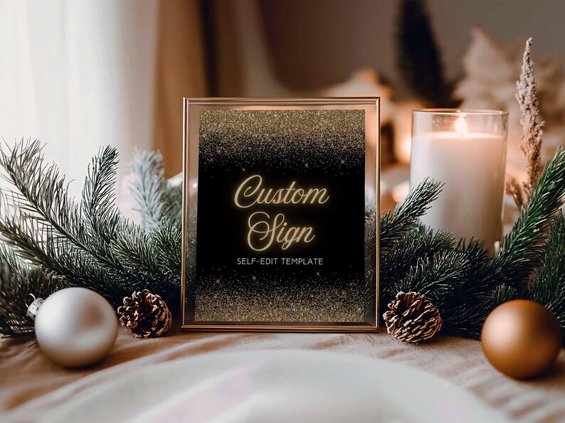 Black & Gold Glitter Custom Table Sign Template, Self-edit, Canva, BG2 ...
