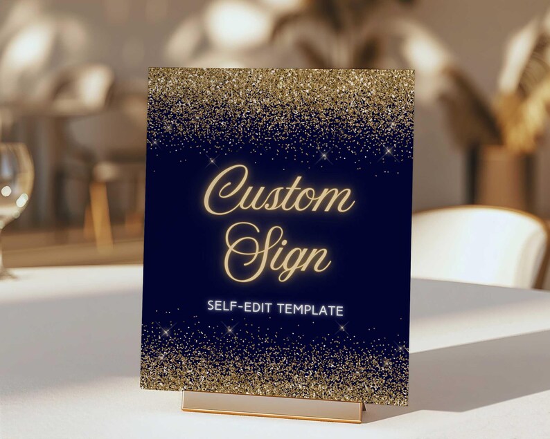 Navy & Gold Glitter Custom Table Sign Template, 5x7 and 8x10, Self-edit ...