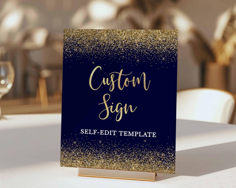 Navy & Gold Custom Table Sign Template, Navy and Gold Glitter Confetti ...