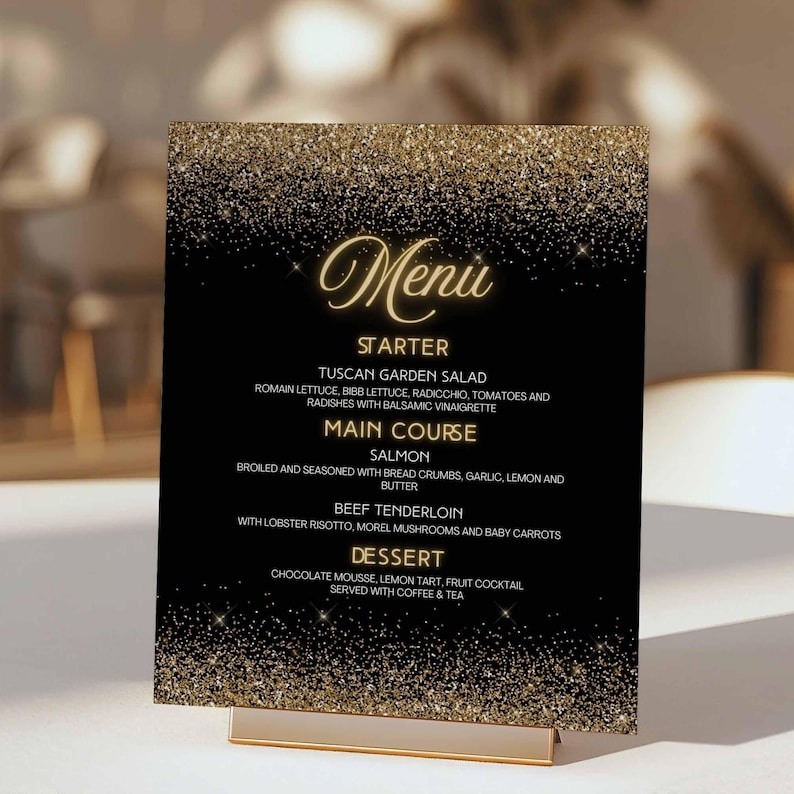 Black & Gold Dinner Menu Sign Template, 5x7 and 8x10, Self-edit, Canva ...
