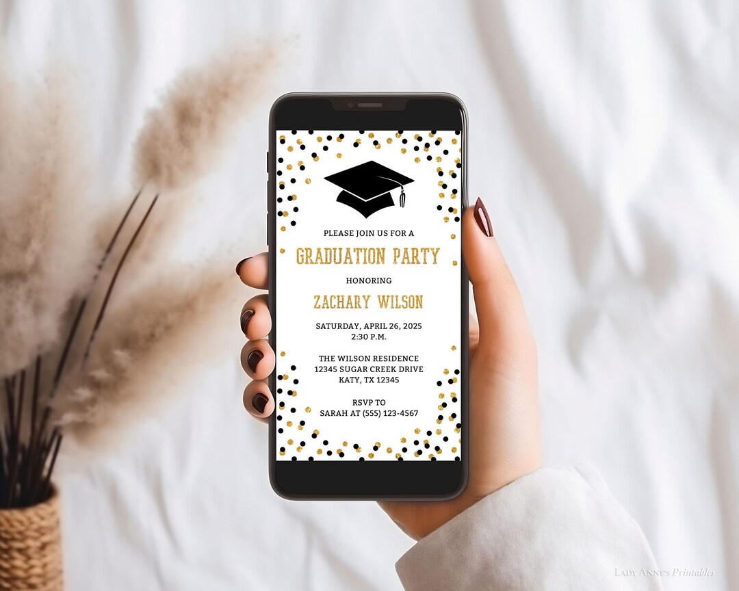 Graduation Party Evite Template, Black & Gold Glitter Confetti ...