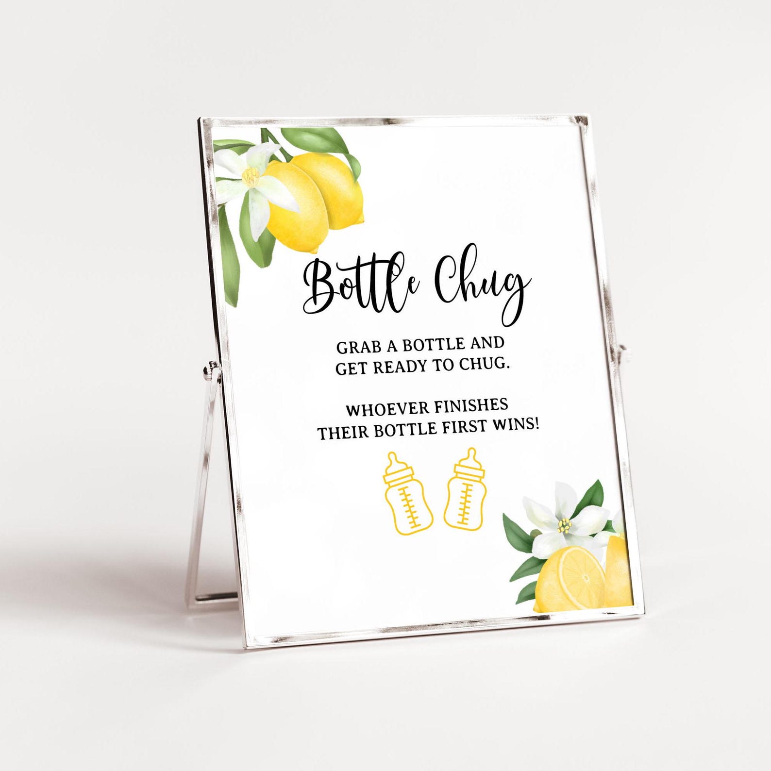 Lemon Bottle Chug Baby Shower Game Sign, Citrus Neutral Baby Shower ...
