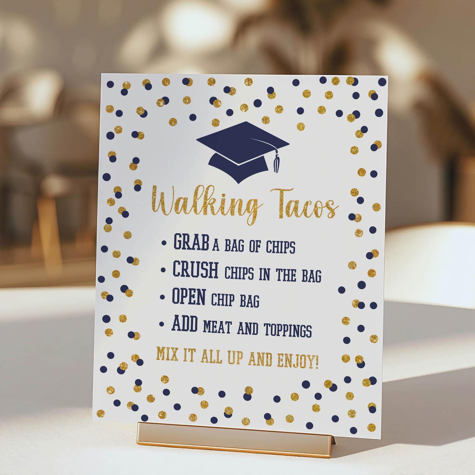 Navy Walking Tacos Graduation Party Sign, Navy & Gold Glitter Confetti ...