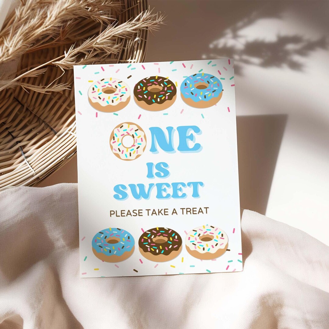 One is Sweet Please Take a Treat Sign, Blue Donut Sprinkle Birthday ...