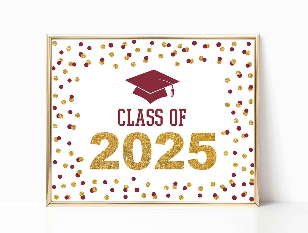 Class of 2025 Graduation Party Sign, Burgundy & Gold Glitter Confetti ...