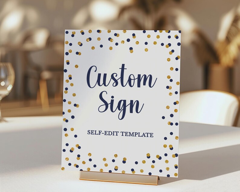 NAVY & Gold Custom Table Sign Template, Navy and Gold Glitter Confetti ...