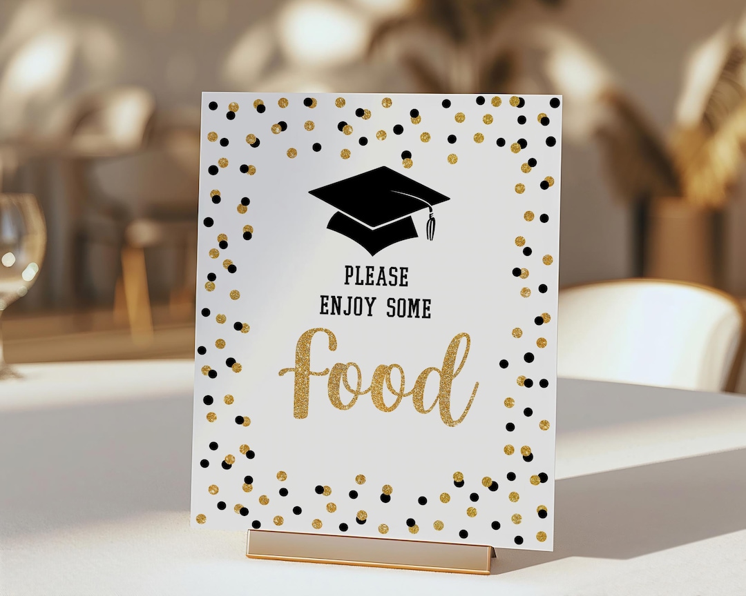 Graduation Party Food Table Sign, Black and Gold Glitter Confetti ...