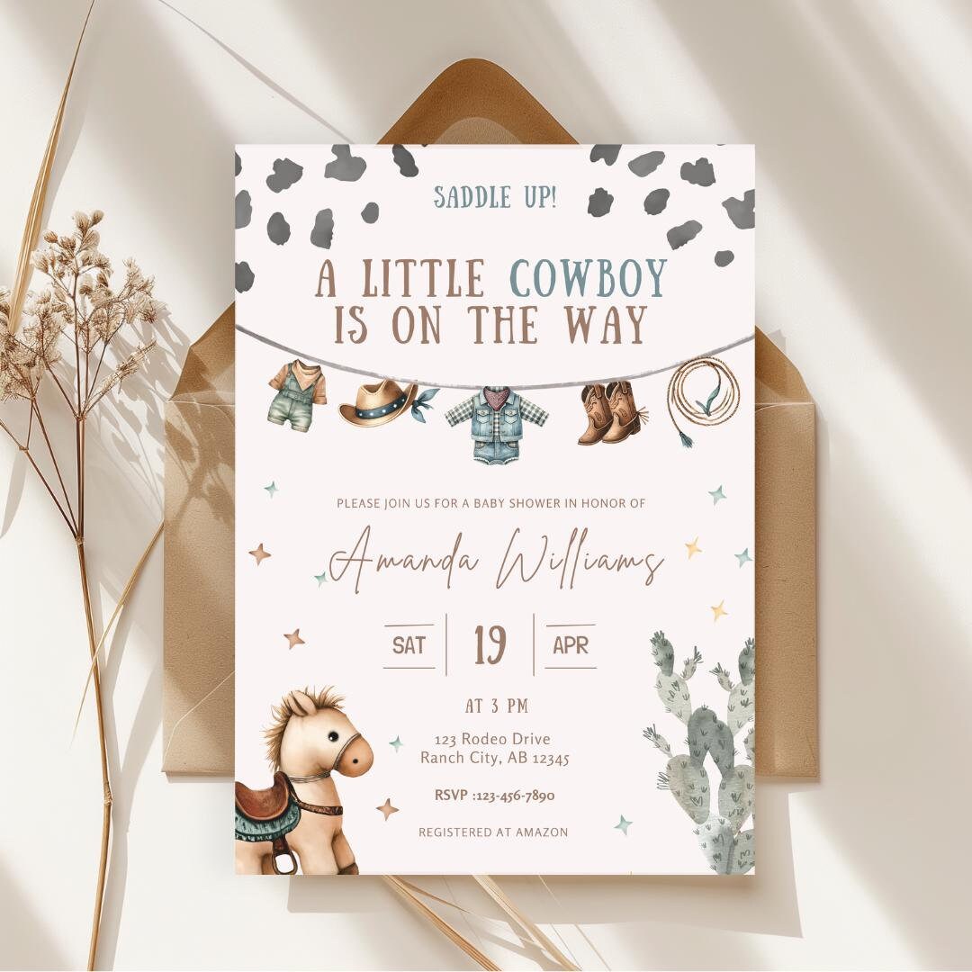 Cowboy Baby Shower Invitation A Little Cowboy is on the Way Editable ...
