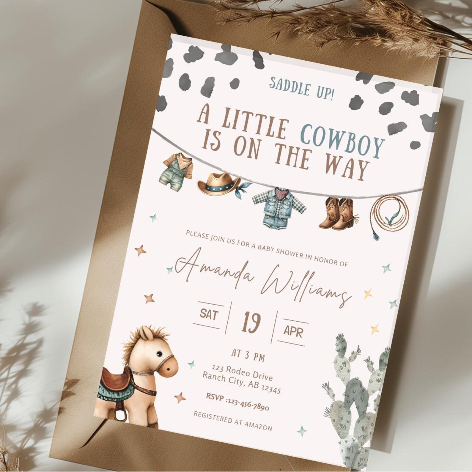 Cowboy Baby Shower Invitation A Little Cowboy is on the Way Editable ...
