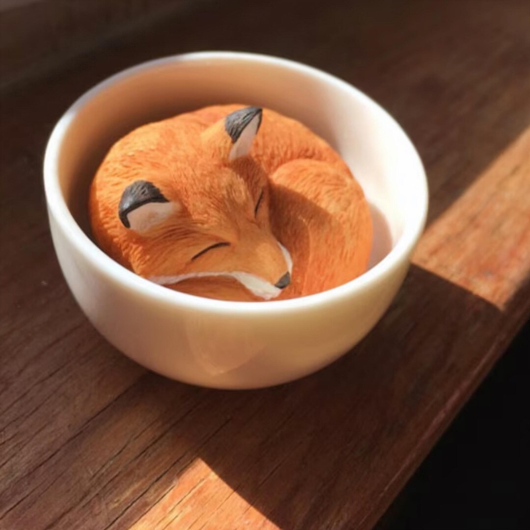 Miniature Red Fox Statue Sleeping in Teacup / Handmade Resin Teacup Art ...