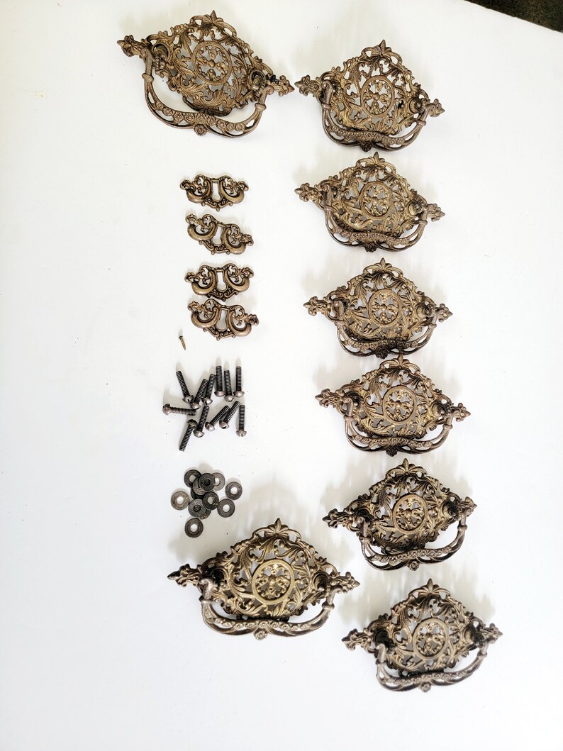 Vintage Brass Drawer Pulls: Set of 8 Pulls and 4 Ornate Keyhole Pulls ...