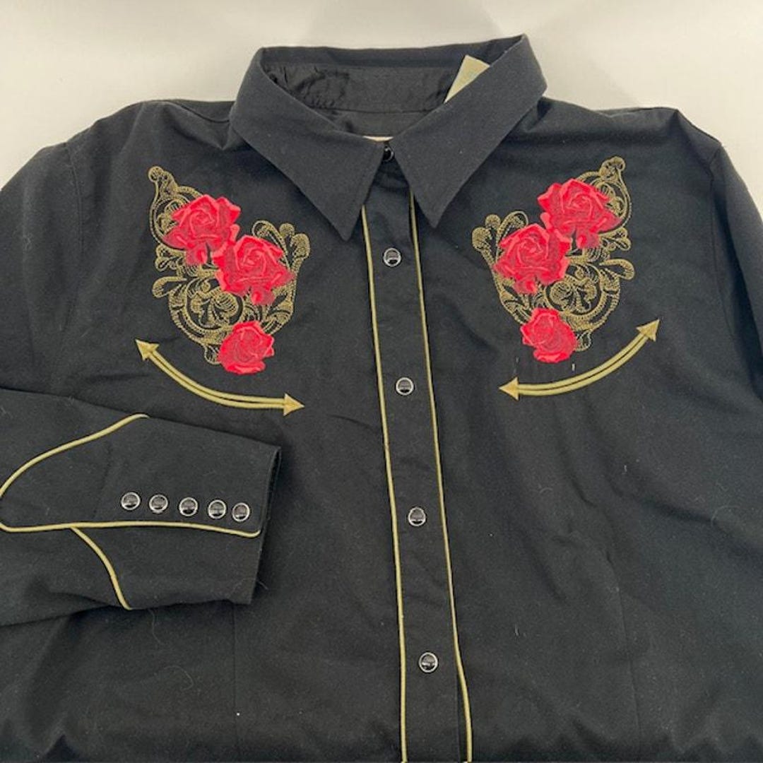 VTG Roper Western Embroidered Pearl Snap Shirt Womens 2XL Black Roses ...