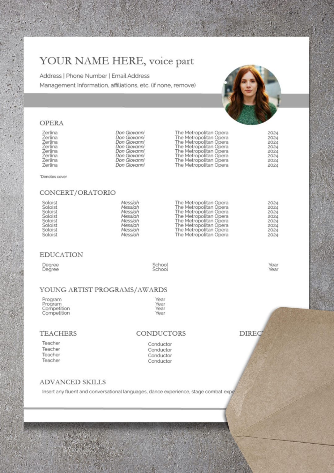 Performance Resume Microsoft WORD Template 8x10 Editable Opera, Singers ...