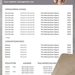Performance Resume CANVA Template 8x10 Editable Opera, Singers, Dancers ...
