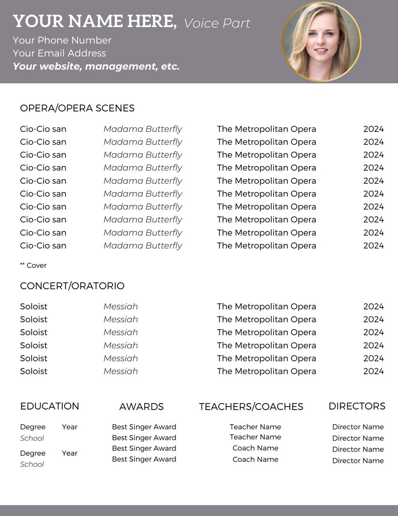 Performance Resume CANVA Template 8x10 Editable Opera, Singers, Dancers ...