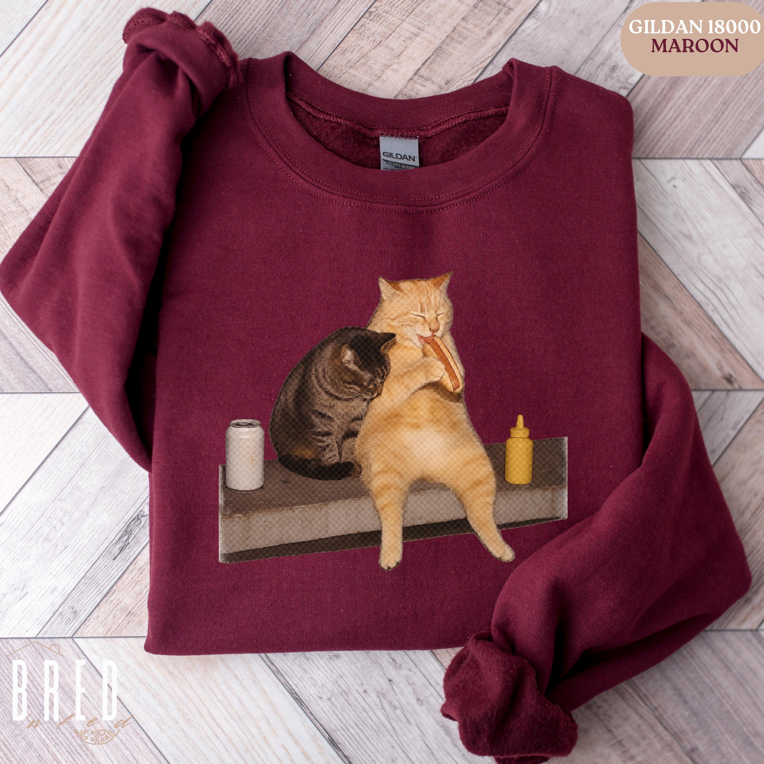 Cat Eating Hot Dog Sweatshirt, Funny Weird Cat Crewneck, Retro Animal ...