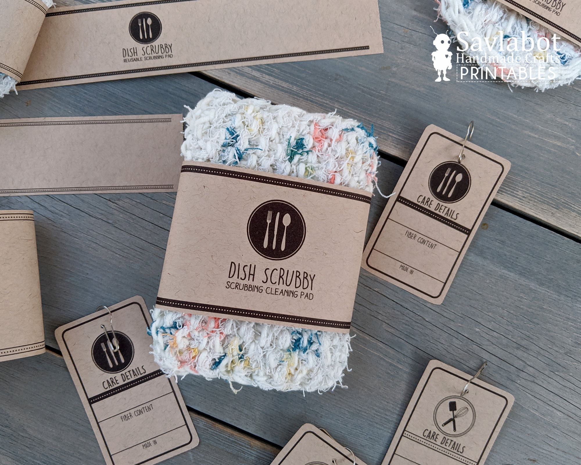 Printable Dish Scrubby Tags and Wraps, Dish Scrubber, Reusable Cleaning ...