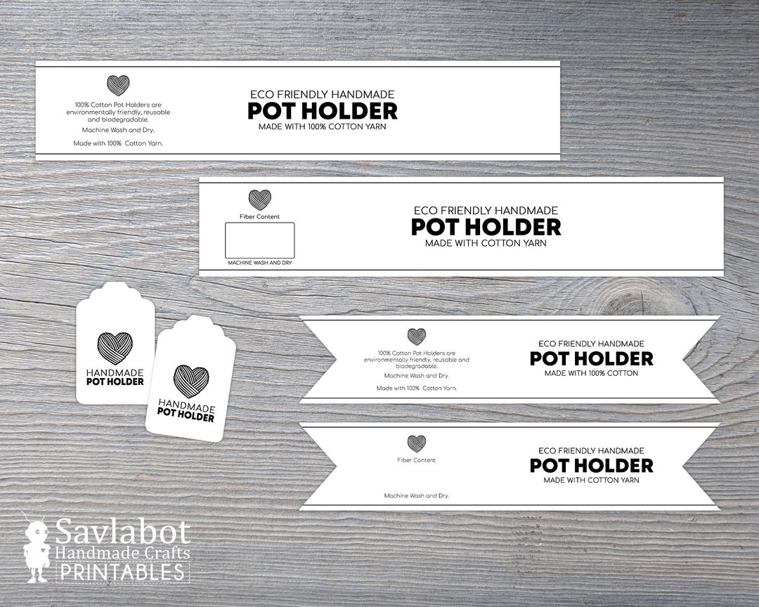 Pot Holder Wrap and Tag Set, Yarn Heart Pot Holders Tags, Printable ...