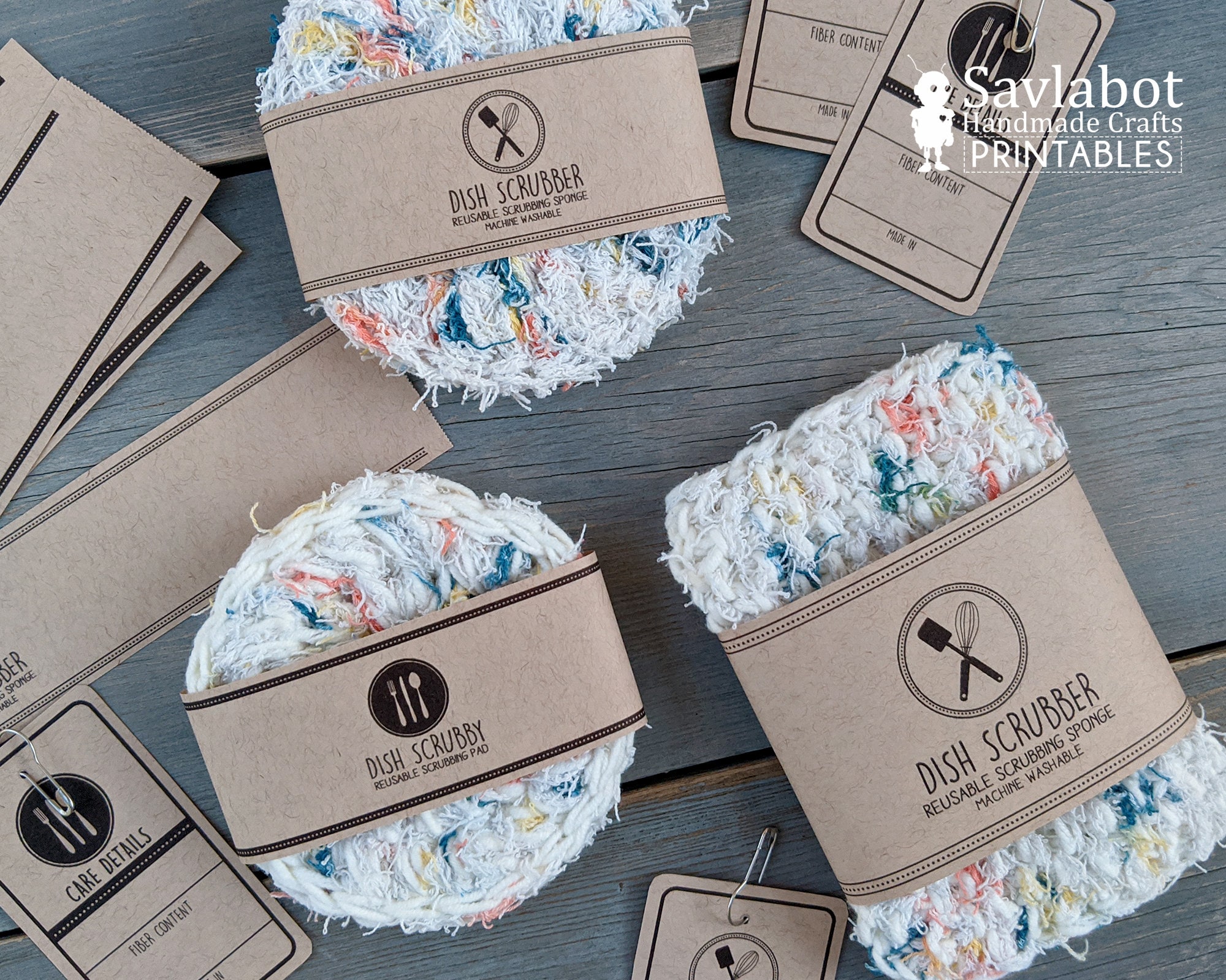 Printable Dish Scrubby Tags and Wraps, Dish Scrubber, Reusable Cleaning ...